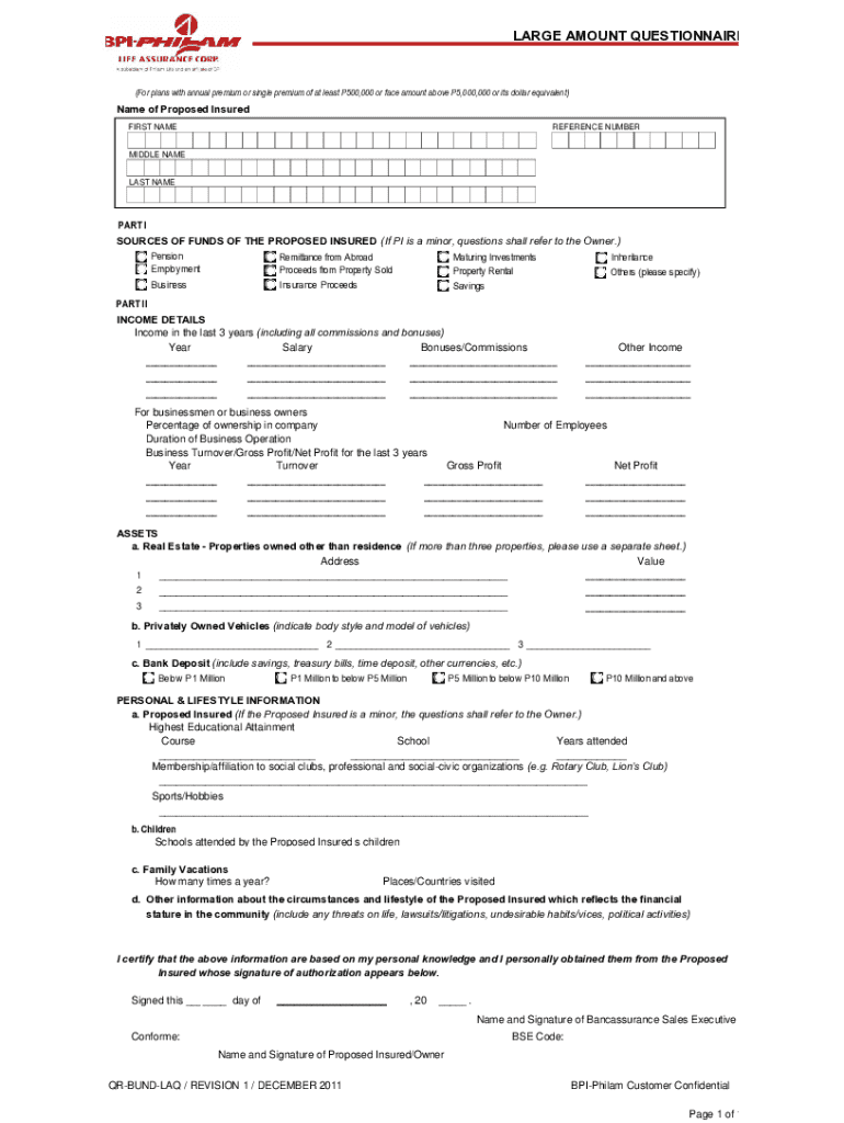 Fillable Online Large Amount Questionnaire for Insurance Purposes Fax Email Print - pdfFiller