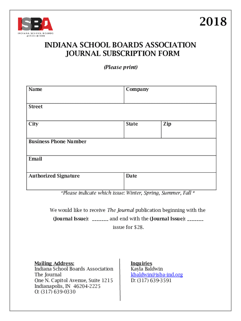 Fillable Online Indiana School Boards Association Journal Subscription ...