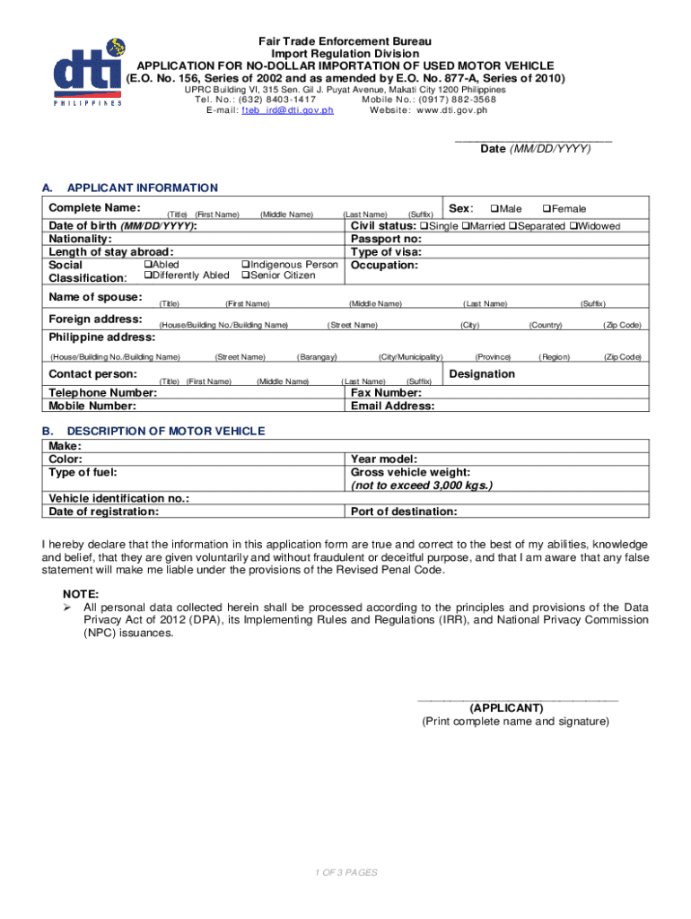 Fillable Online Certificate of Authority to Import (CAI) for used motor ...