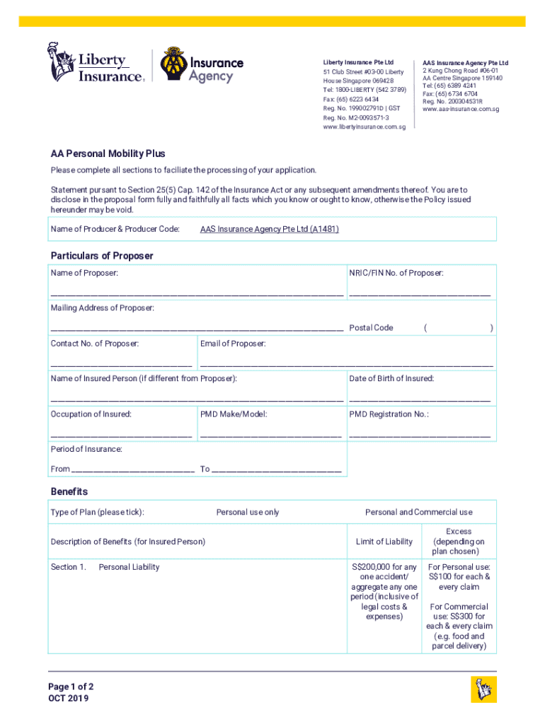 Fillable Online Aa Personal Mobility Plus Insurance Application Fax ...
