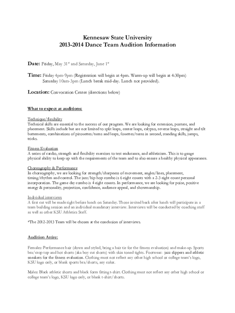 Fillable Online Kennesaw State University Dance Team Audition Info Fax ...