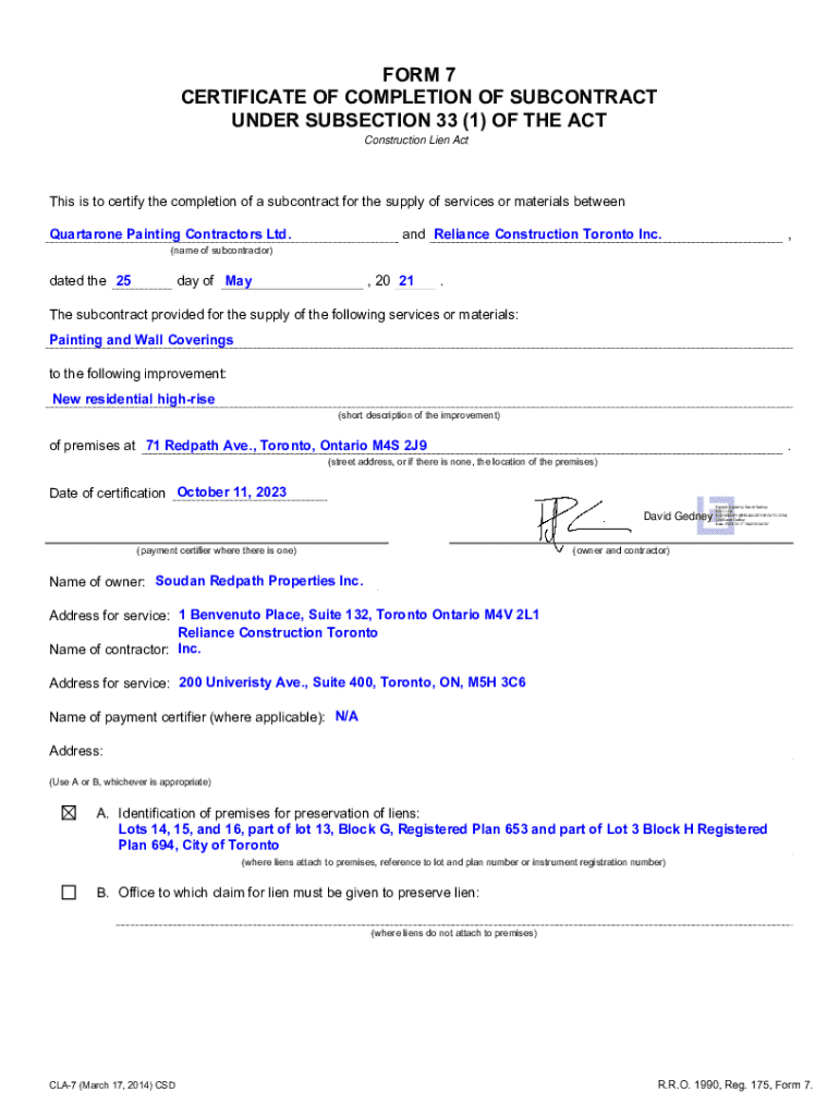 Fillable Online Fillable FORM 7: CERTIFICATE OF COMPLETION ... Fax ...