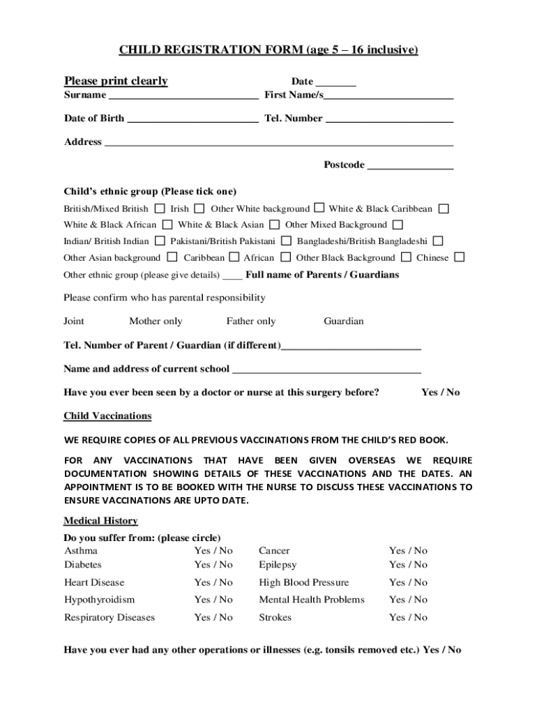 Fillable Online Child Registration Form (age 5 – 16 Inclusive) Fax Email Print - pdfFiller
