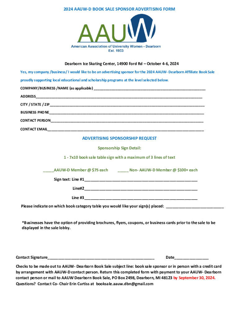 Fillable Online 2024 Aauw-d Book Sale Sponsorship Fax Email Print - pdfFiller
