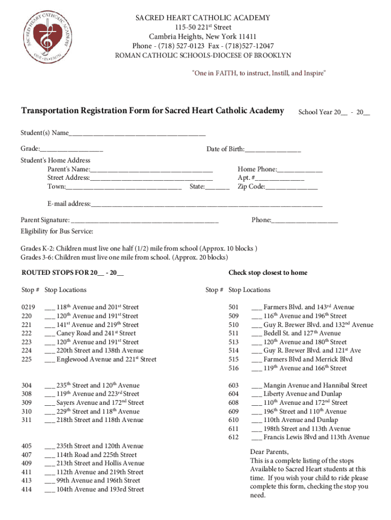 Fillable Online Transportation Registration Form for Sacred Heart Catholic Academy Fax Email ...