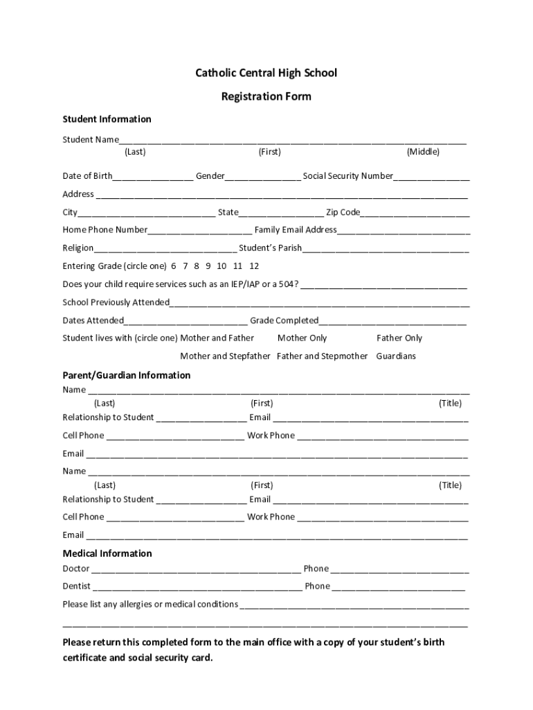 Fillable Online Catholic Central High School Registration Form Fax ...