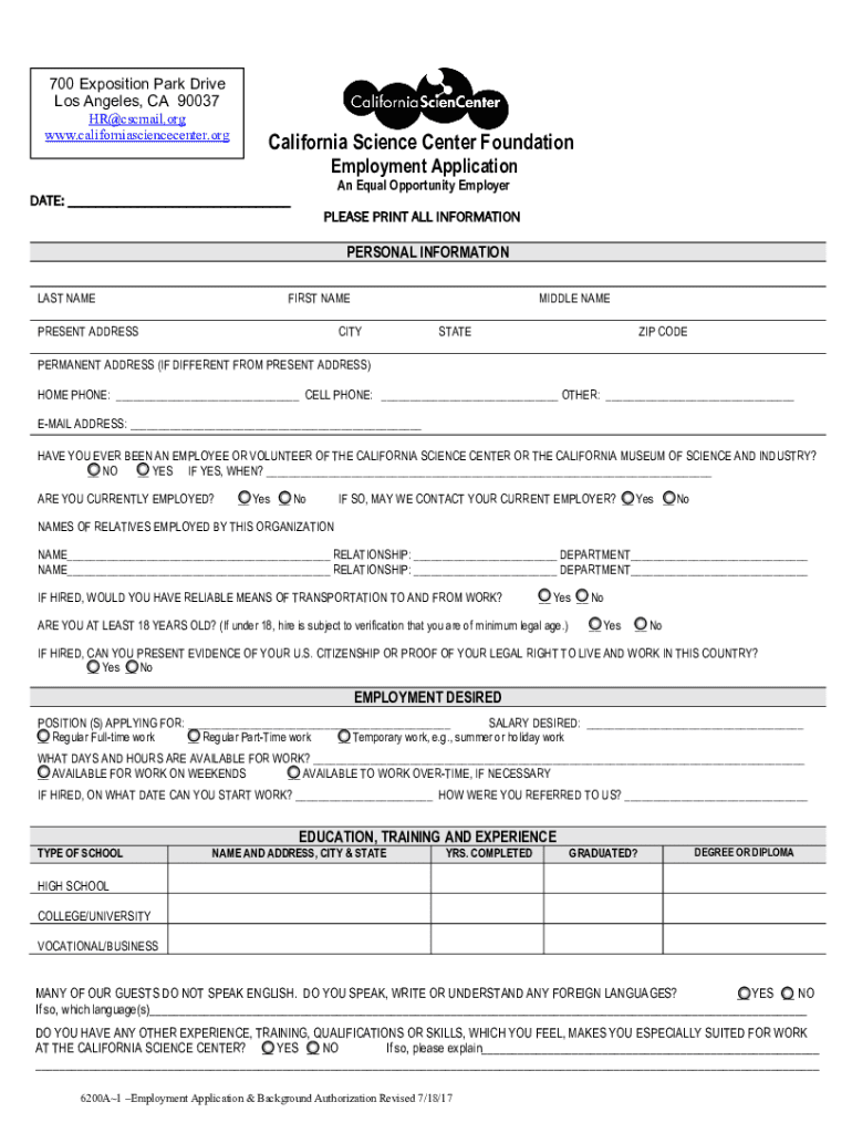 Fillable Online Employment Application - California Science Center ...