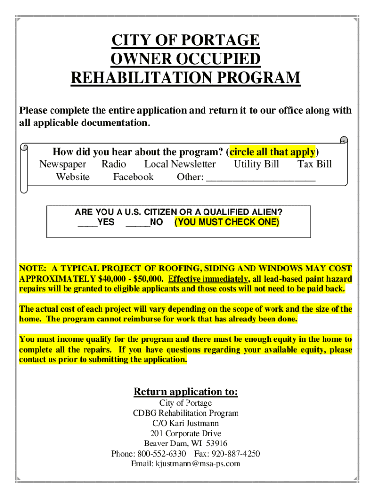 Fillable Online City of Portage Owner Occupied Rehabilitation Program Fax Email Print - pdfFiller