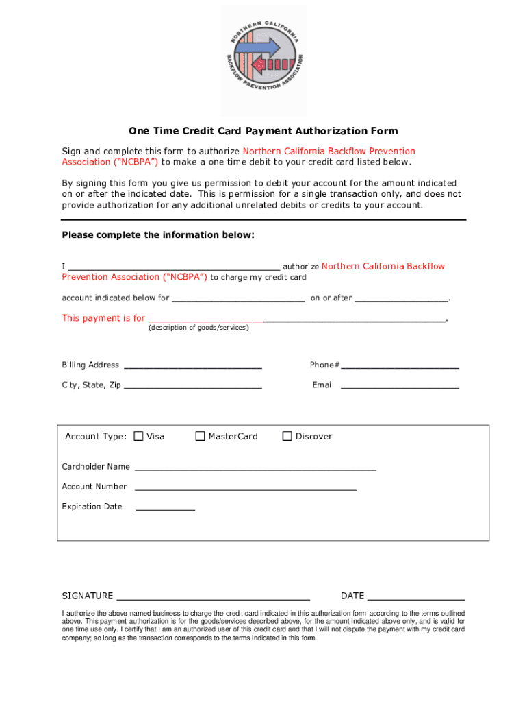 Fillable Online Authorization for One Time Credit Card Payment Fax ...