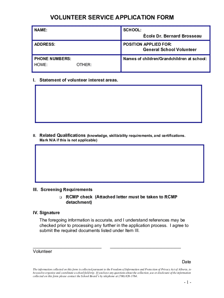 Fillable Online Volunteer Service Application Form for Ècole Dr ...