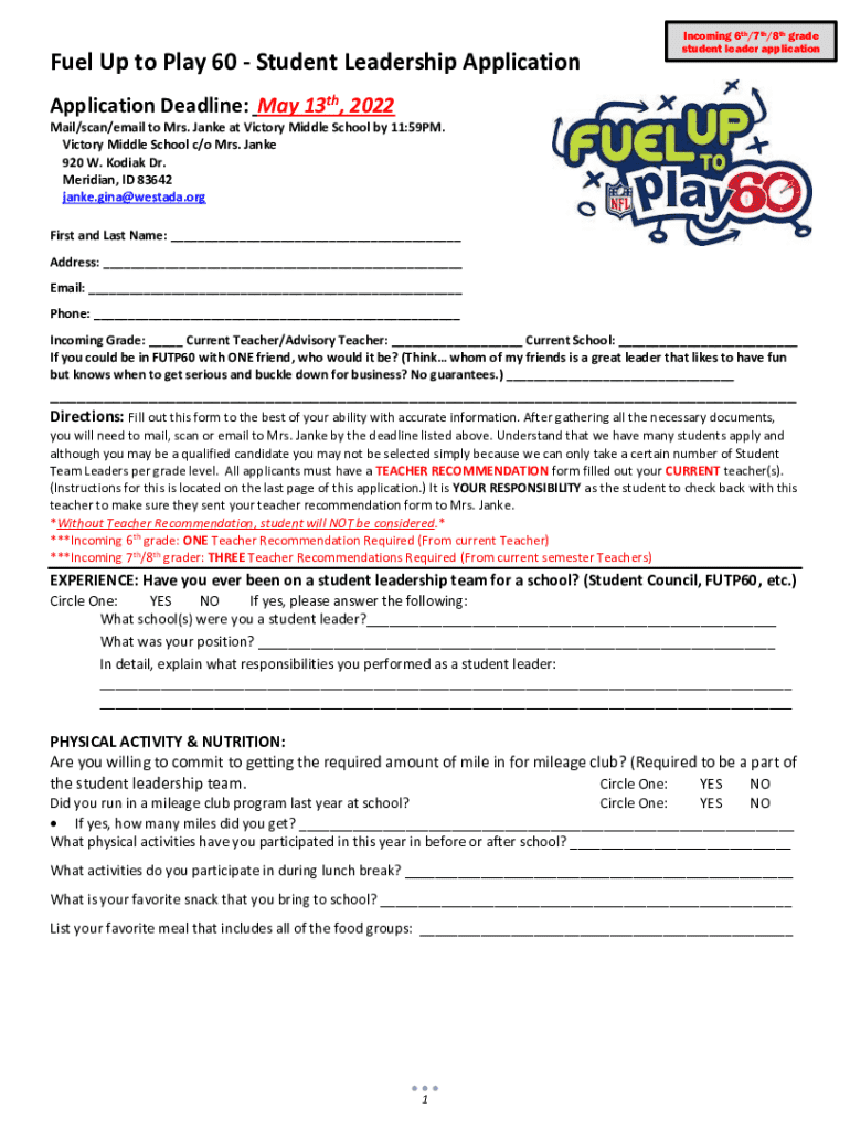 Fillable Online Fuel up to Play 60 - Student Leadership Application Fax ...