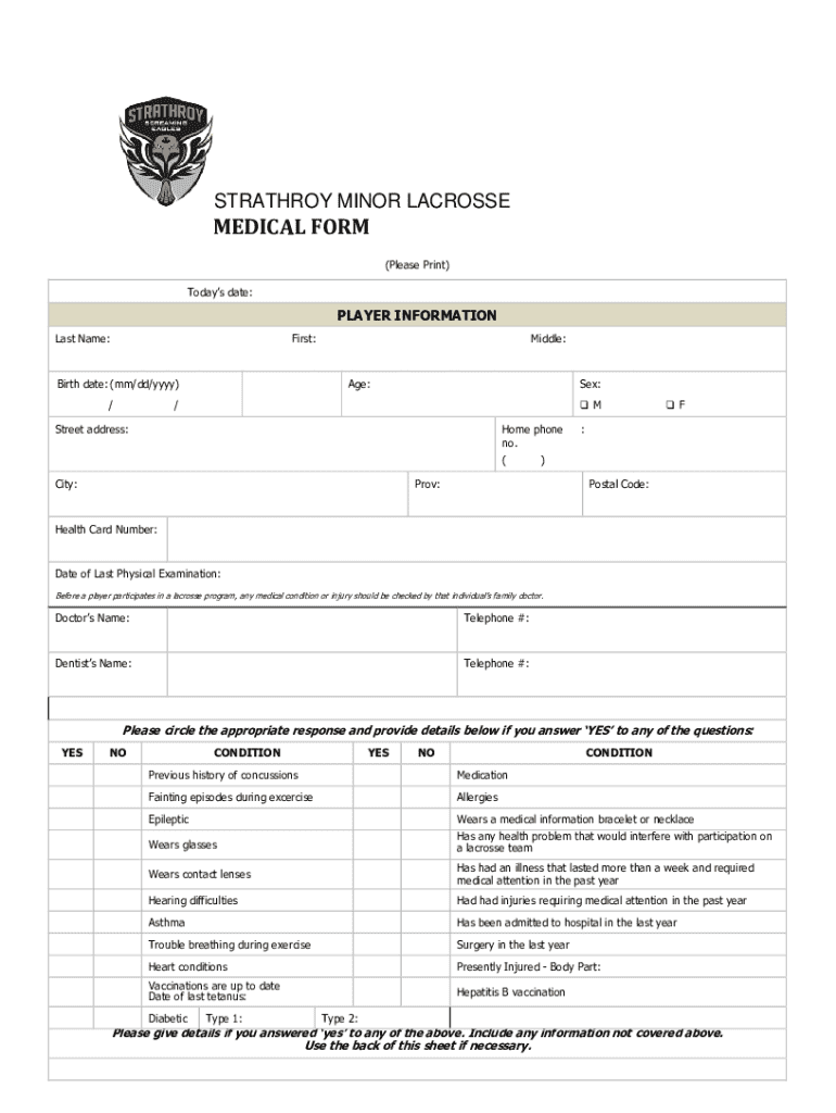 Fillable Online Strathroy Minor Lacrosse Medical Form Fax Email Print ...
