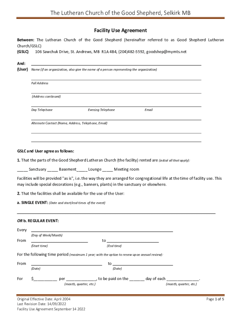 Fillable Online Facility Use Agreement of the Lutheran Church of the Good Shepherd Fax Email ...