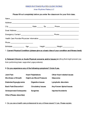 Fillable Online Client Intake Form for Inner Rhythms Pilates Fax Email ...