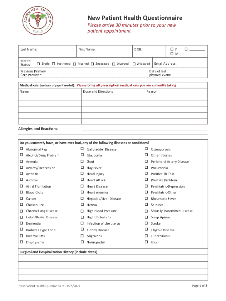Fillable Online New Patient Health Questionnaire Fax Email Print ...