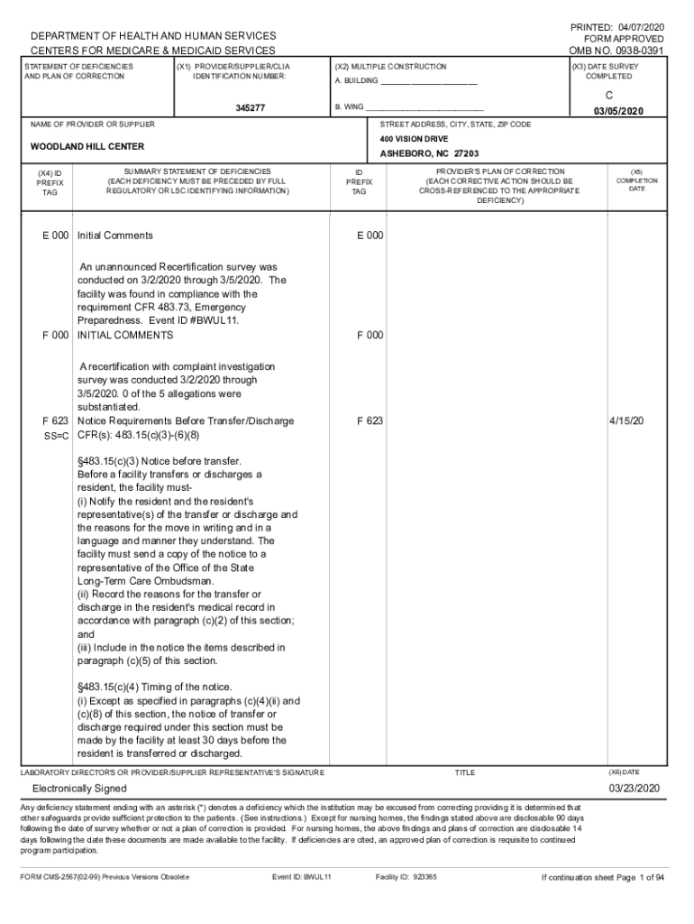 Fillable Online Statement of Deficiencies and Plan of Correction Fax ...