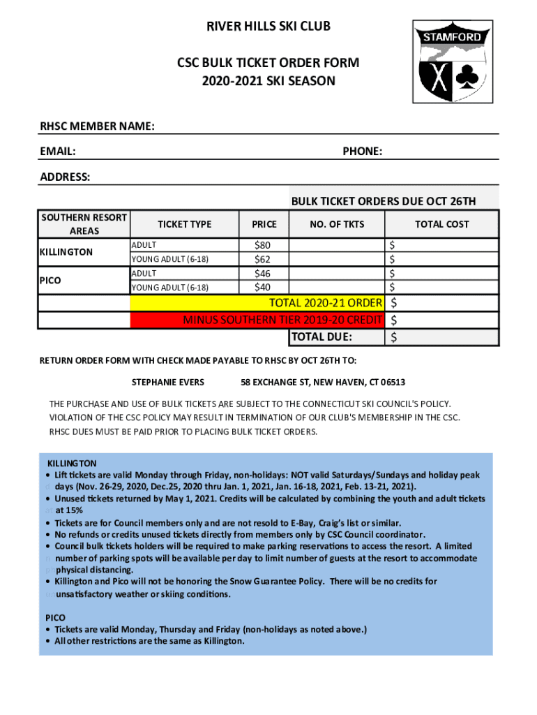 Fillable Online 2020-2021 Ski Season Ticket Order Fax Email Print - pdfFiller