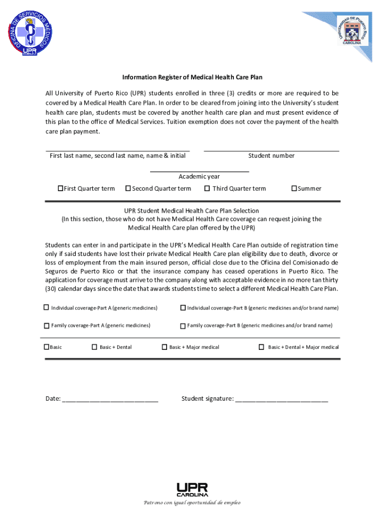 Fillable Online Upr Student Medical Health Care Plan Registration Fax Email Print - pdfFiller