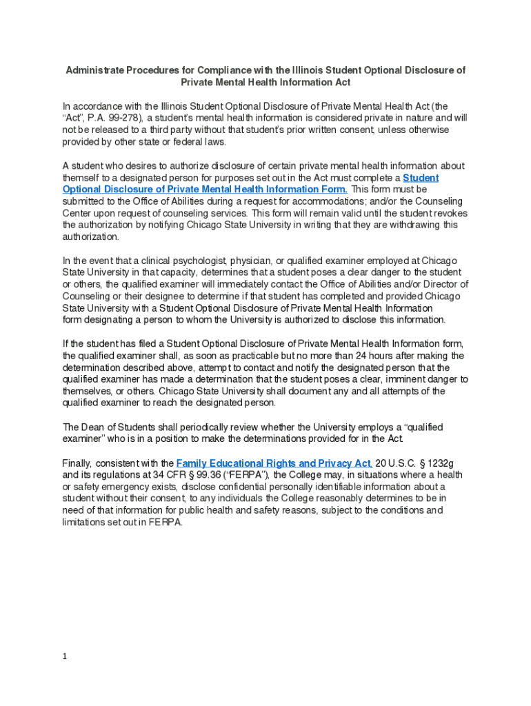 Fillable Online Student Optional Disclosure of Private Mental Health ...