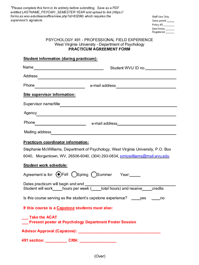Fillable Online Department of Psychology PRACTICUM AGREEMENT FORM ... Fax Email Print - pdfFiller