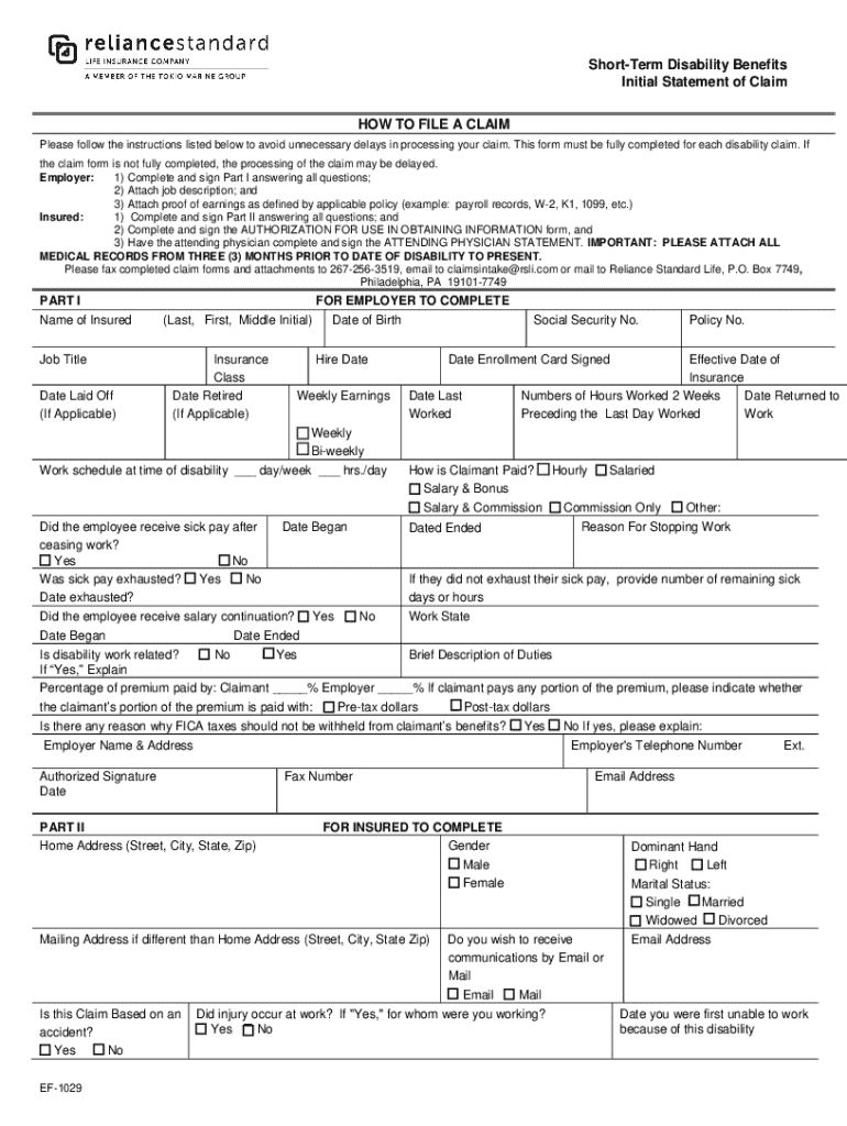 Fillable Online Initial Statement of Claim for Short-term Disability ...