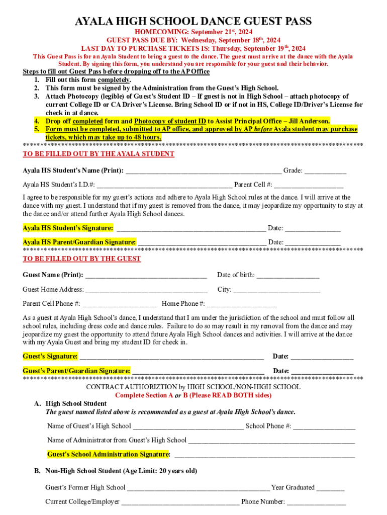 Fillable Online Ayala High School Homecoming Dance Guest Pass Fax Email Print - pdfFiller