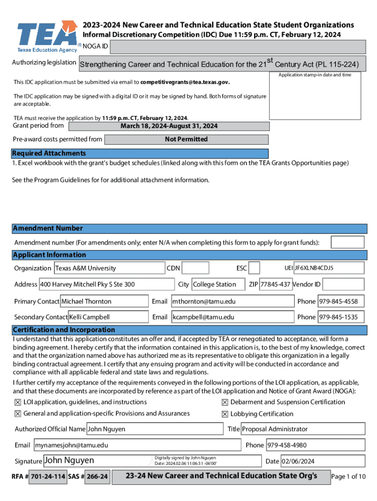 Fillable Online 2023-2024 New Career and Technical Education State ...