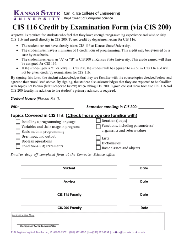 Fillable Online Credit by Examination for Cis 116 Fax Email Print ...