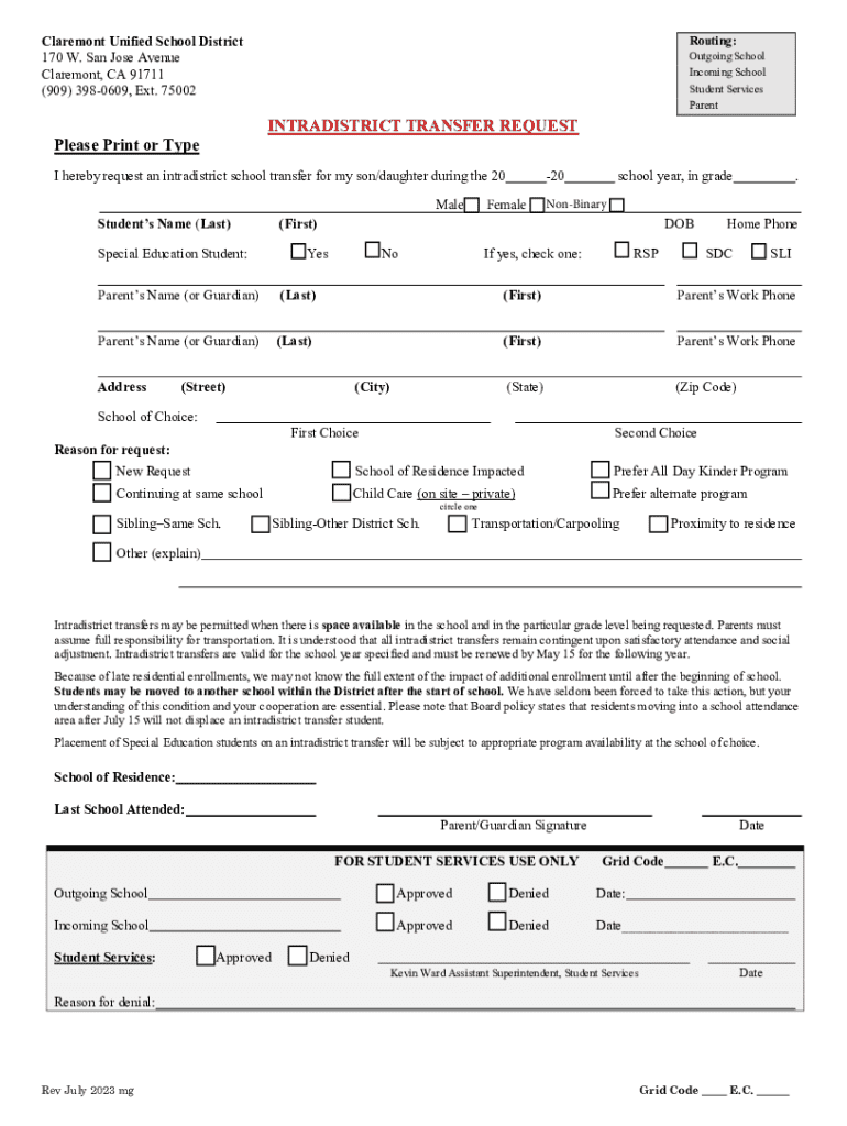 Fillable Online Claremont Unified School District Intradistrict ...