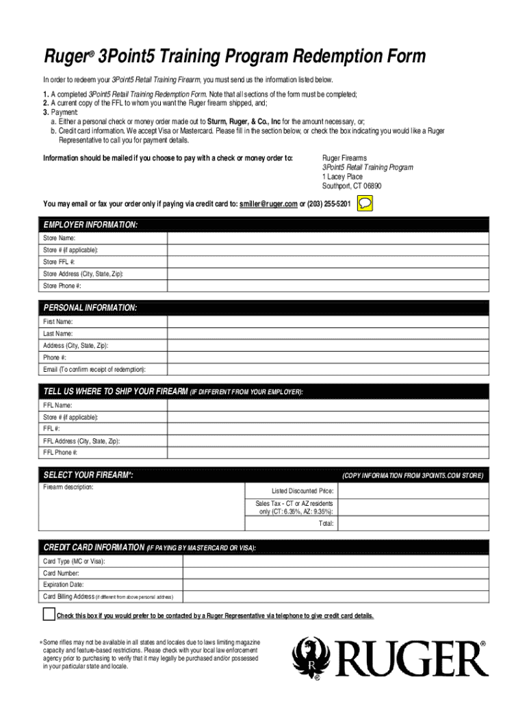 Fillable Online Ruger 3Point5 Training Program Redemption Form Fax ...