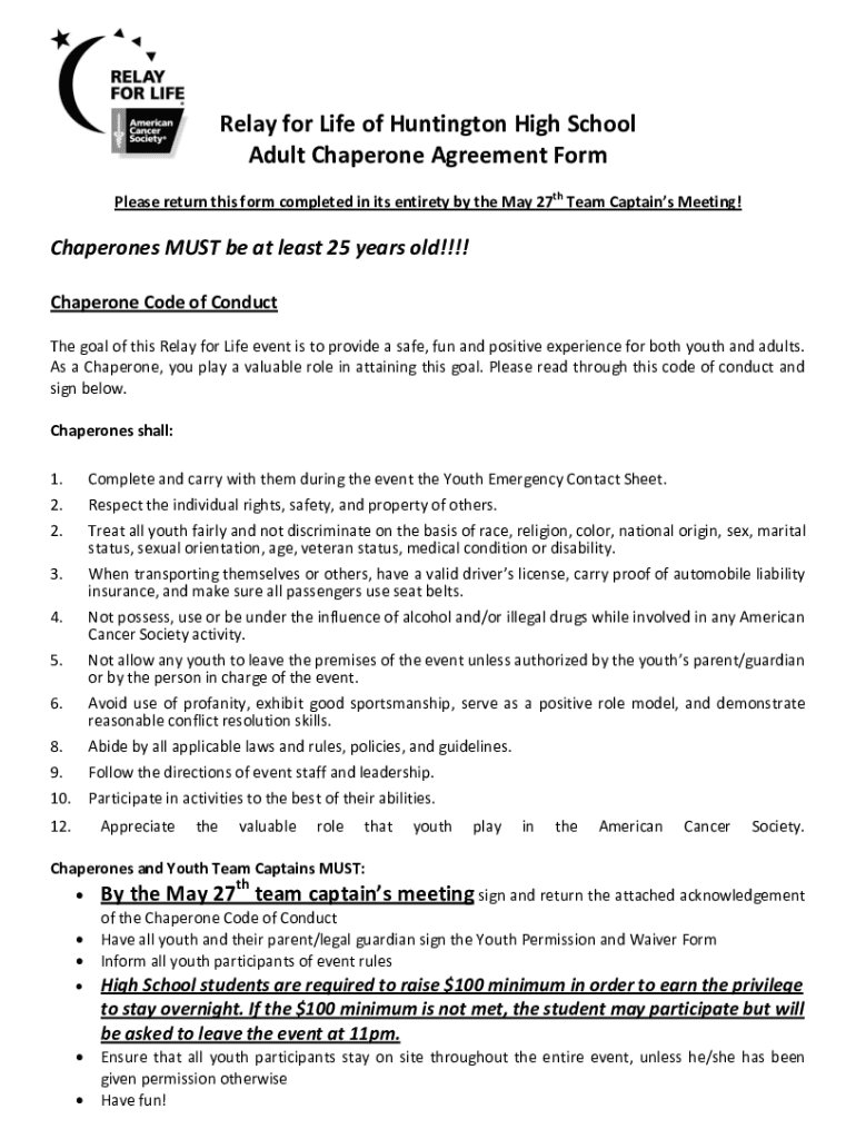 Fillable Online Relay for Life of Huntington High School Chaperone Agreement Fax Email Print ...