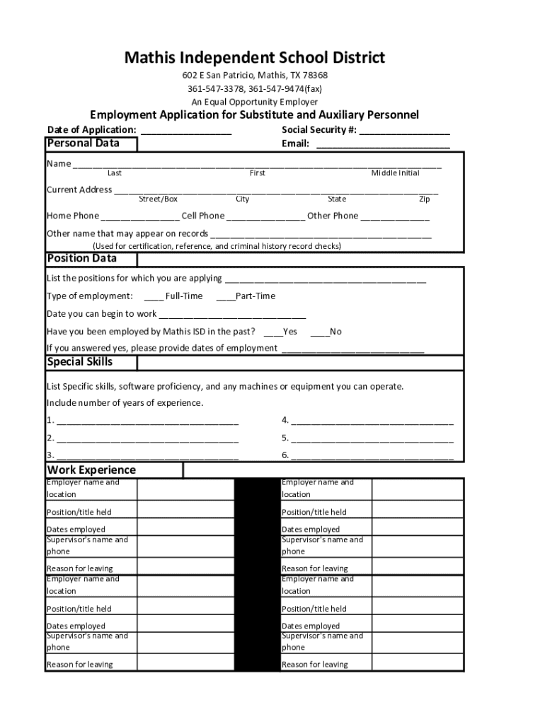 Fillable Online Mathis Independent School District Employment ...