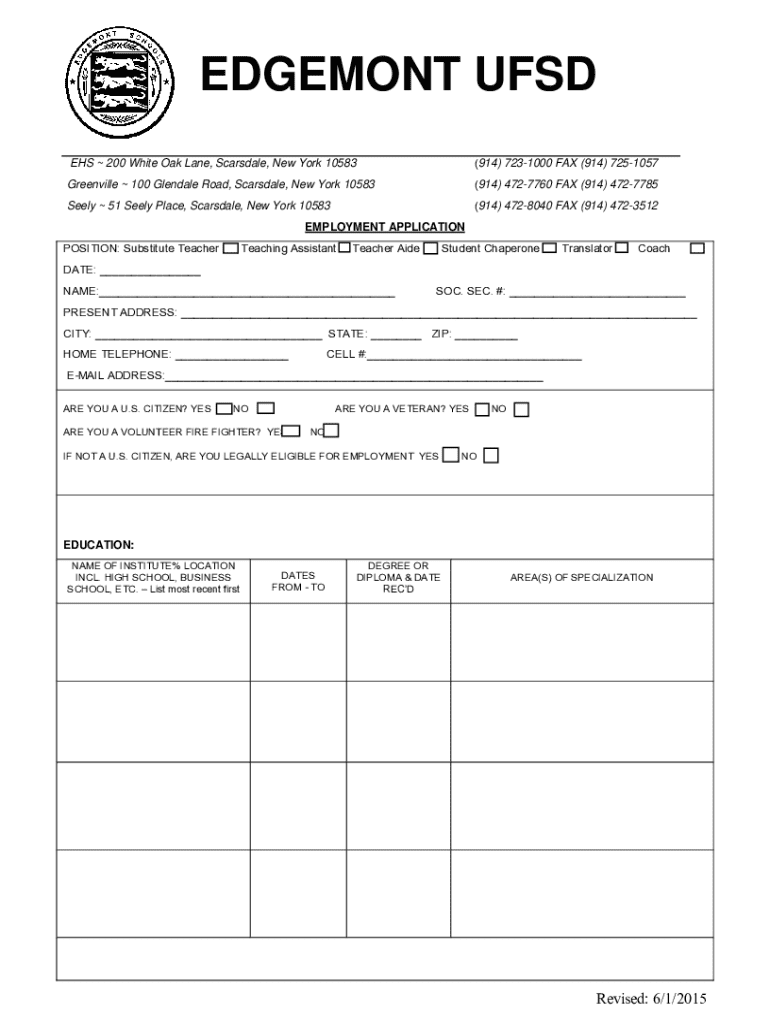 Fillable Online Edgemont Ufsd Employment Application for Substitute Teacher and Other Positions ...