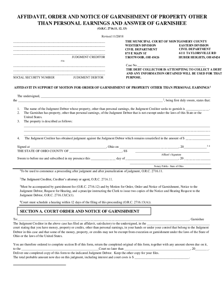 Fillable Online Affidavit, Order and Notice of Garnishment of Property ...