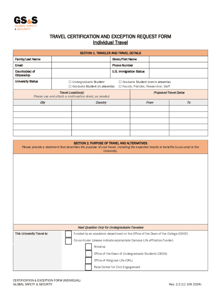 Fillable Online Travel Certification and Exception Request Fax Email Print - pdfFiller