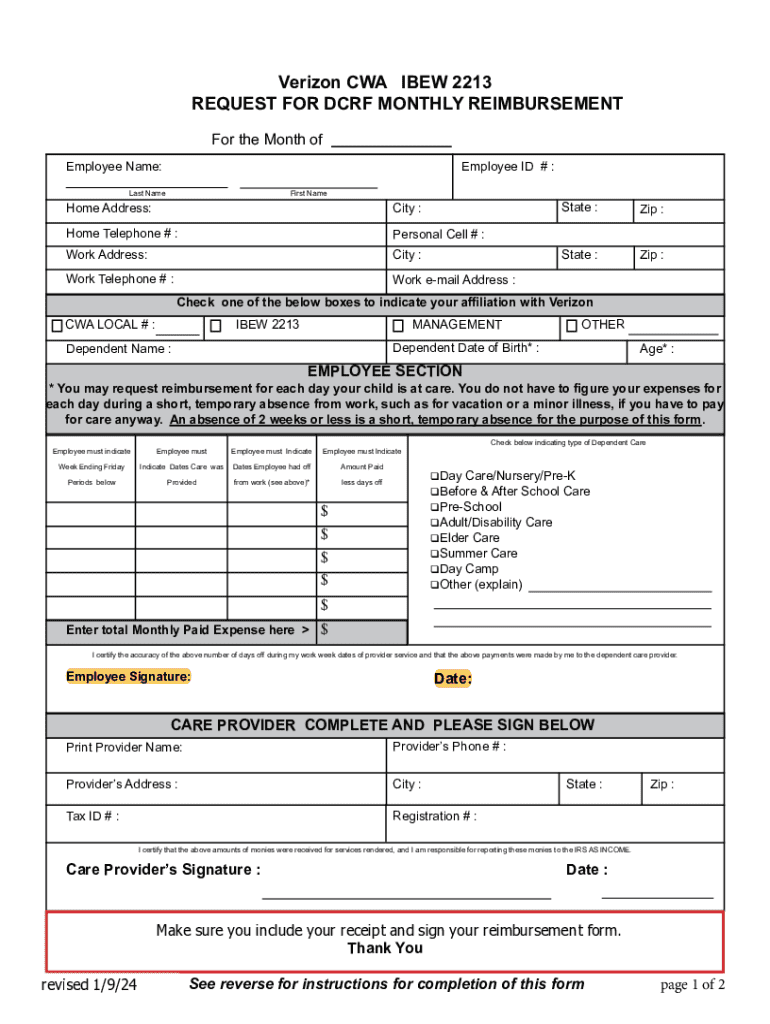 Fillable Online Verizon Cwa Ibew 2213 Request for Dcrf Monthly ...