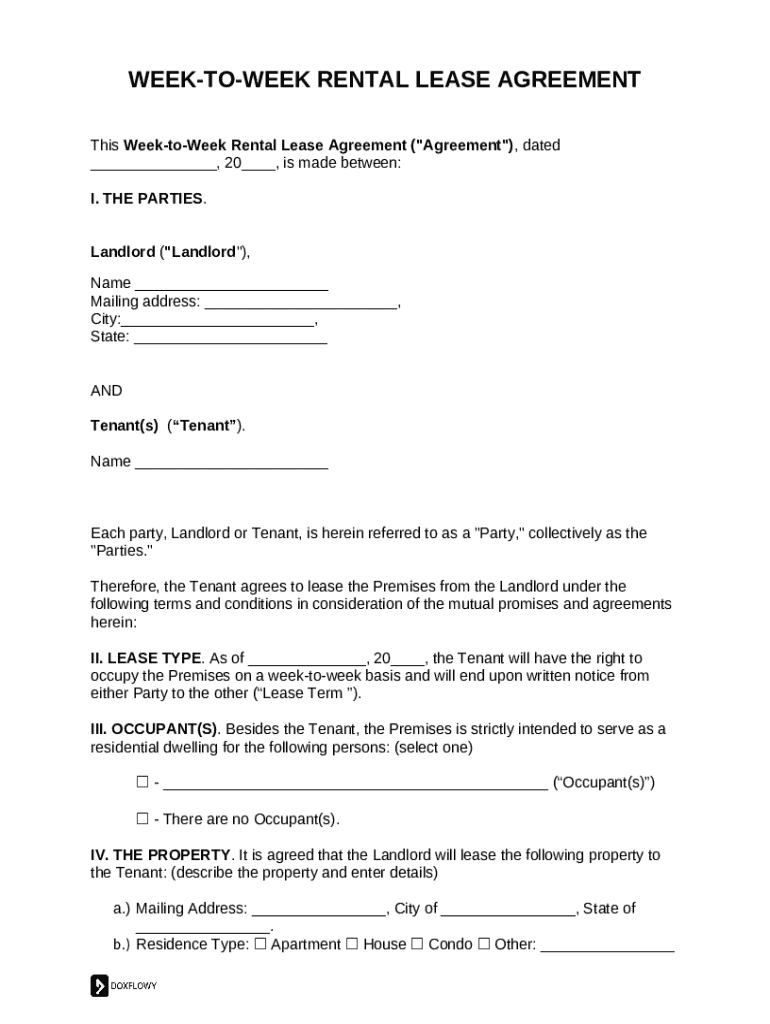 Week-to-Week Rental Lease Agreement - Blank Fillable Template | Fill ...