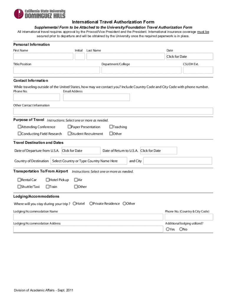 Fillable Online International Travel Authorization Form. Supplemental ...