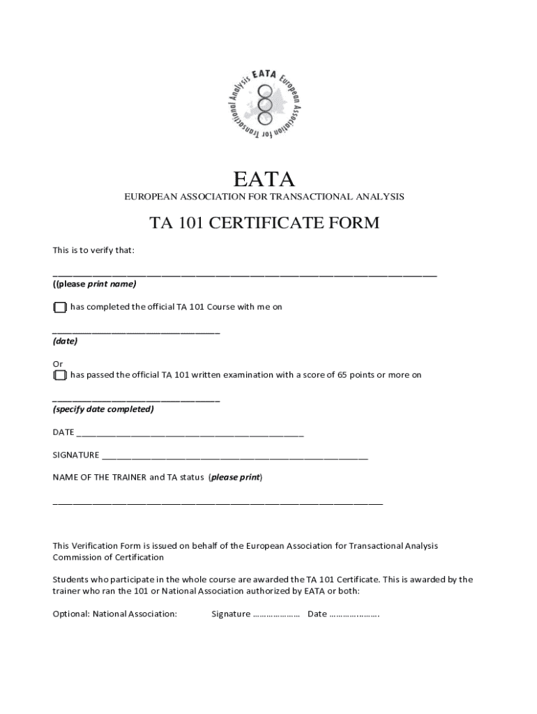 Fillable Online Eata Ta 101 Certificate Verification Fax Email Print - pdfFiller