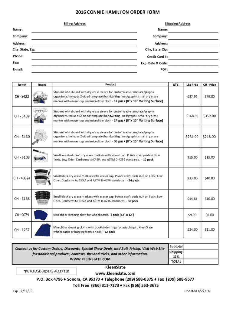Fillable Online Connie Hamilton Product Order Form Fax Email Print ...