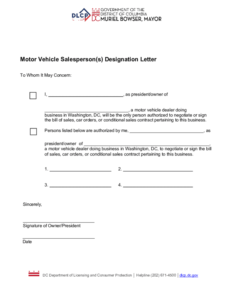 Fillable Online Designation Letter for Motor Vehicle Salesperson Fax ...