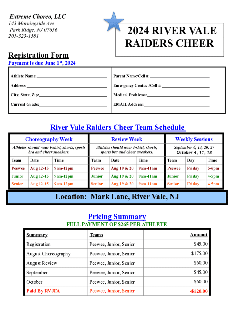 Fillable Online 2024 River Vale Raiders Cheer Registration Fax Email ...