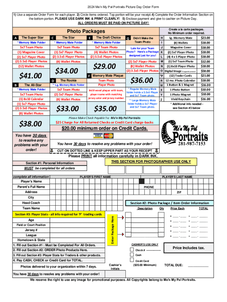 Fillable Online Me'n My Pal Portraits Picture Day Order Form Fax Email ...