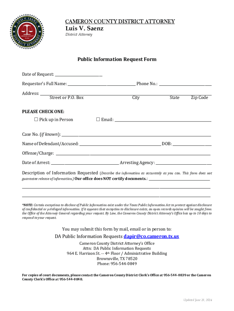 Fillable Online Cameron County District Attorney Public Information ...