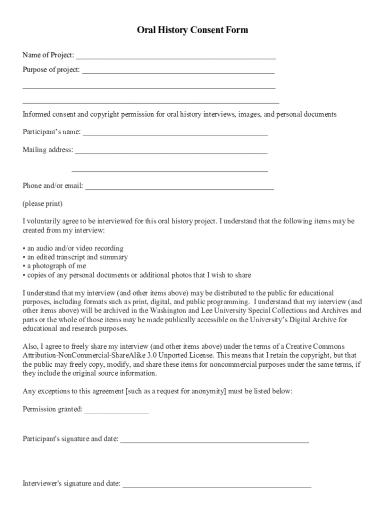 Fillable Online Oral History Consent Agreement Fax Email Print - pdfFiller