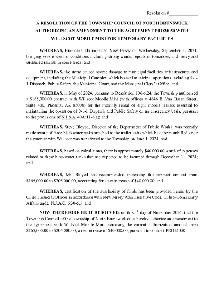 Fillable Online Resolution Authorizing Amendment to Agreement Pro24050 ...