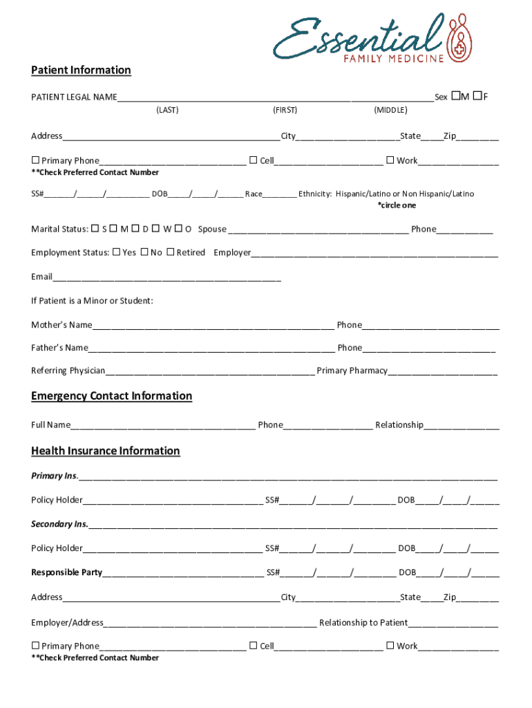 Fillable Online Essential Family Medicine Patient Information Fax Email Print - pdfFiller