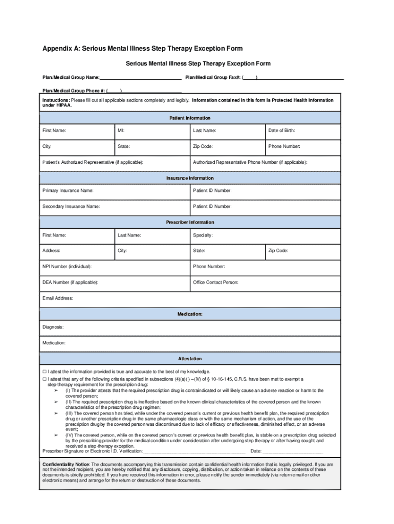 Fillable Online Serious Mental Illness Step Therapy Exception Form Fax ...