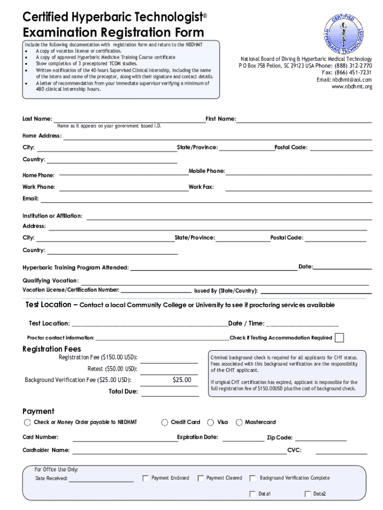 Fillable Online Certified Hyperbaric Technologist® Examination Registration Fax Email Print ...