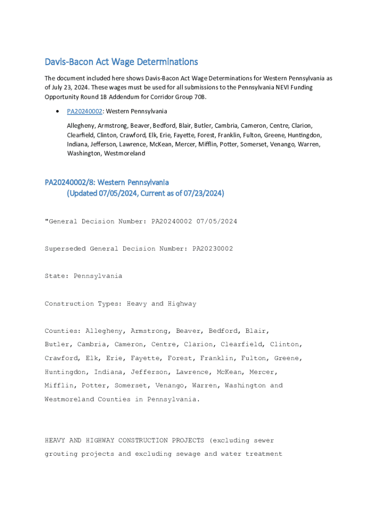 Fillable Online Davis-bacon Act Wage Rates for Western Pennsylvania Fax ...